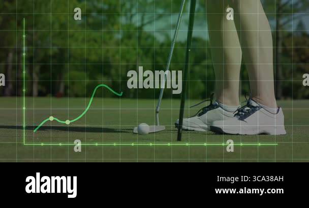 Golfer legs being visualized on putting green with digital graph ...