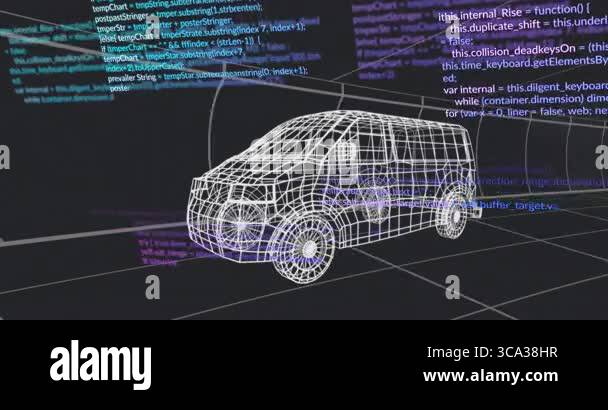 Wireframe 3D van model rotating on grid plane, revealing floating colored code snippets. 3d ...