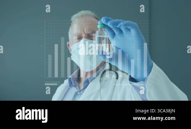 senior doctor examining vial in clinical research lab, with animated bar graph and grid overlays ...