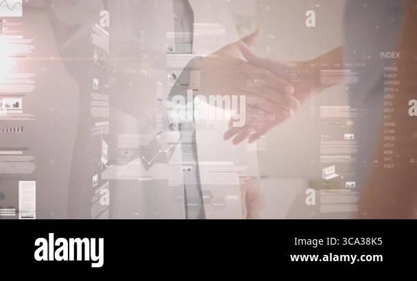 Business partners shaking hands in modern office, displaying animated ...