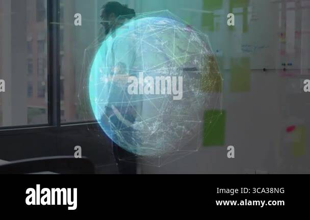 IT manager making smartphone call in office, displaying holographic ...