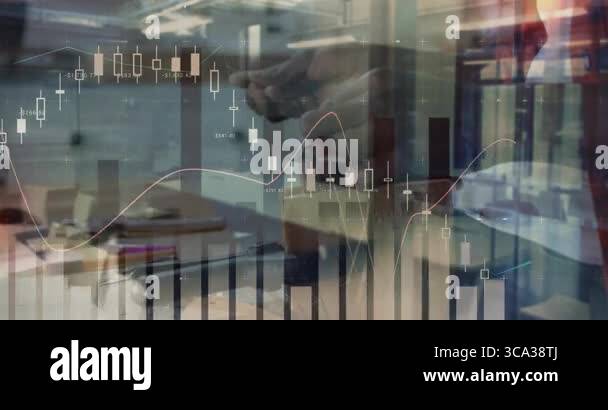 Male office worker hand tapping tablet on finance desk, showing ...