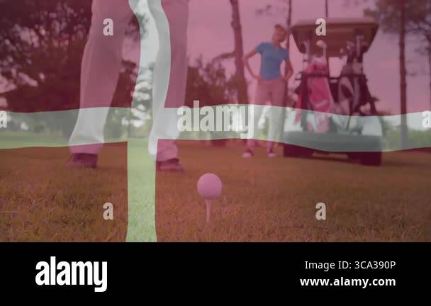 Female golfer standing next to cart presenting tech overlay animated ...
