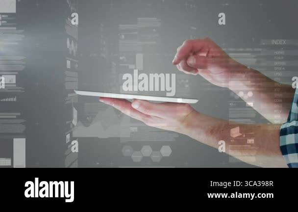 Hands holding tablet while showing floating analytics charts in flat ...
