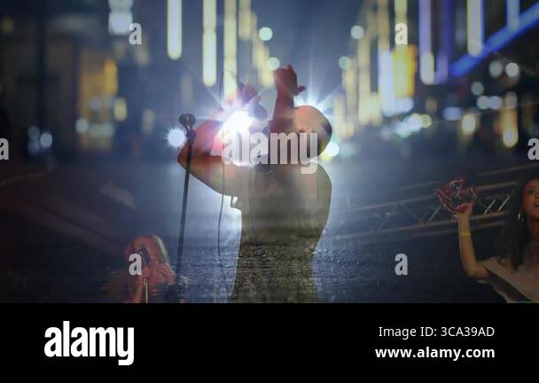 Blonde singer gripping vintage microphone concert stage, music graphics ...