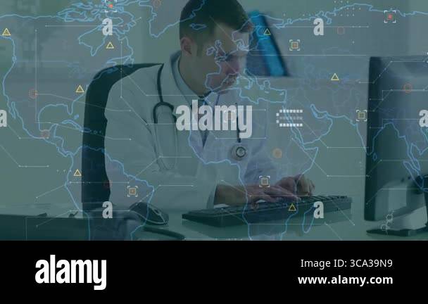 Male doctor typing at keyboard in medical tech office, with world map ...