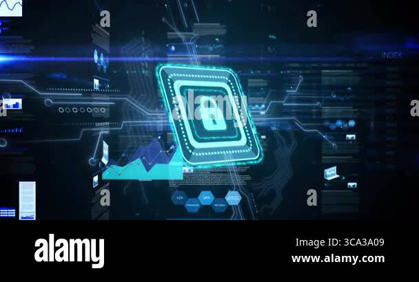 Neon blue padlock icon being showcased inside holographic dashboard ...