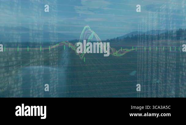 Multicolored waveform chart being displayed over farmland, overlaying ...