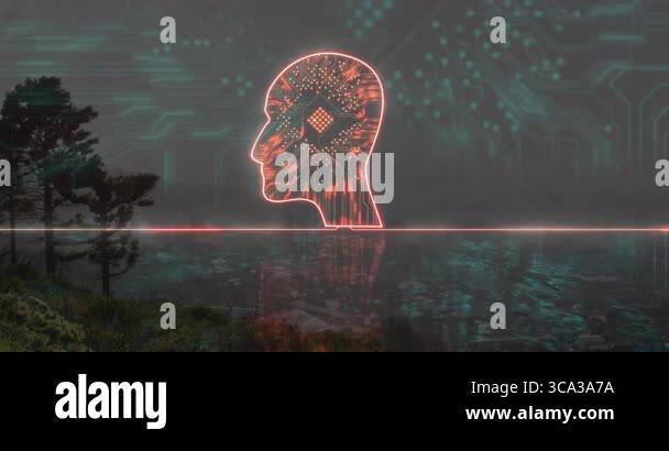 Glowing neon head silhouette floating above water while circuit ...