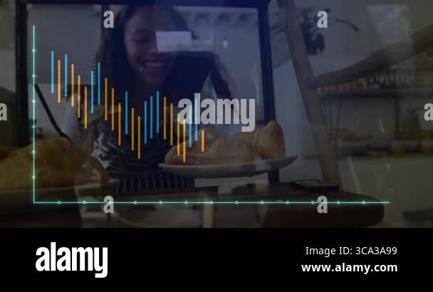 Bakery attendant analyzing sales trends in cafe, showing bar and line ...