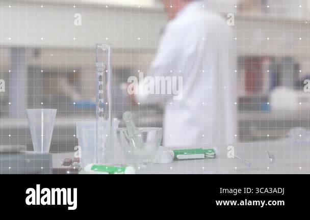 Scientists handling pipettes at lab bench, displaying animated charts ...