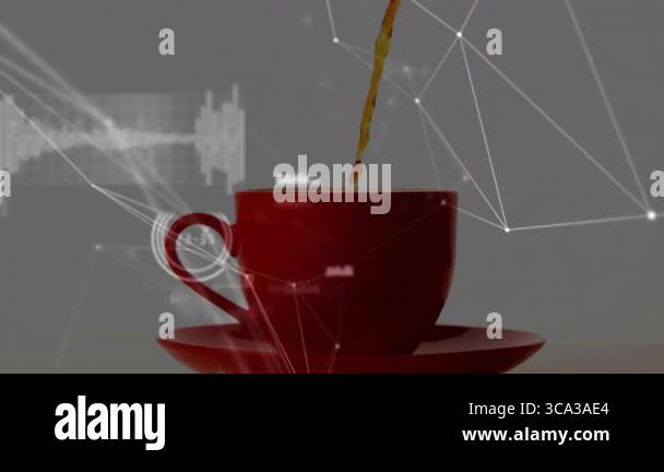 Pouring steaming coffee into red ceramic cup while network lines and ...