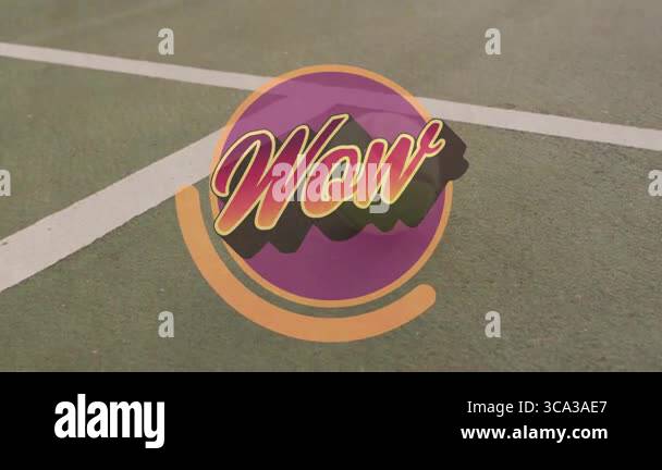 Wow emblem floating over sports court, showing purple circle with ...