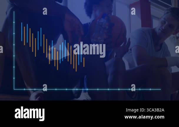 Three male teammates analyzing sports analytics in gym, showing ...