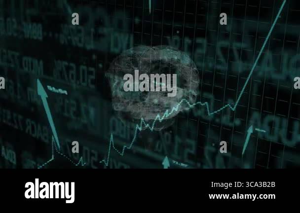 Translucent 3D brain hologram generating upward arrow and dotted line chart over dark teal grid ...