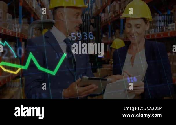 Supervisors inspecting warehouse racks using tablet and clipboard ...