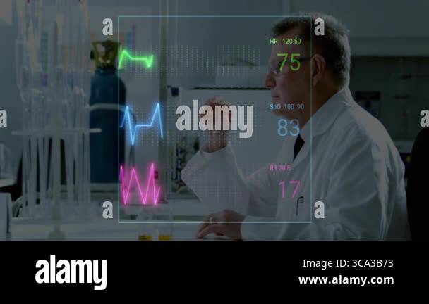 senior male scientist touching holographic waveform graphs showing ...