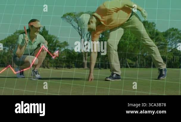 Golfing couple crouching on putting green, visualizing tech data with ...