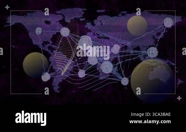 Global network visualization pulsing on dark interface, connecting purple map dots with blue ...
