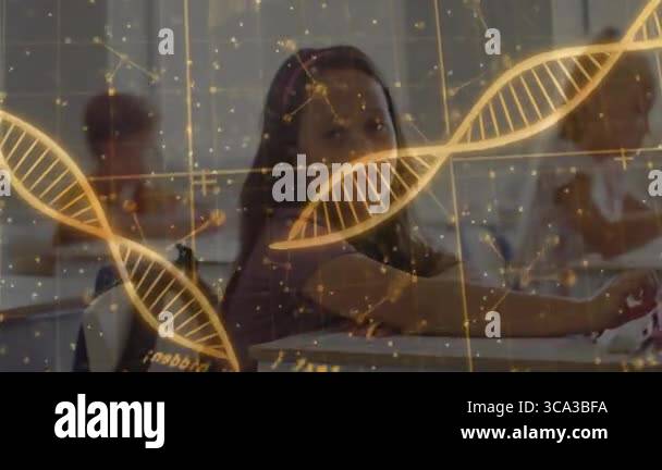 female student gazing camera, classmates taking notes with DNA hologram ...