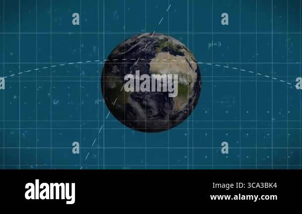 3D Earth globe rotating on blue grid backdrop, showing scientific ...