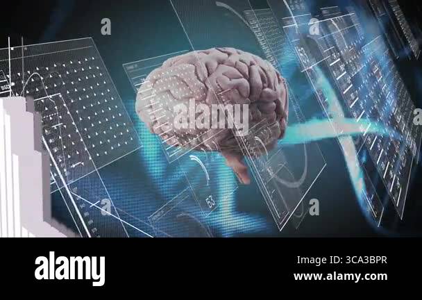 3D brain model floating among transparent holographic data panels, displaying financial charts ...