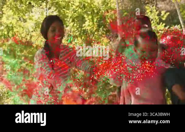 Family pushing rope swing under leafy trees, with animated heart icon ...