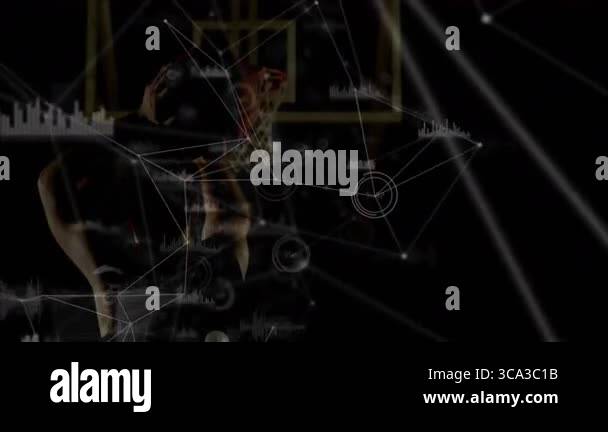 male basketball athlete dunking on court, showcasing floating data ...