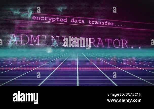 Neon grid floor extending into distance, glitch lines scanning over encrypted data transfer ...