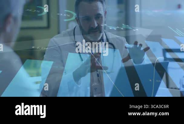 Doctor retrieving blue folder, gesturing while explaining health data ...