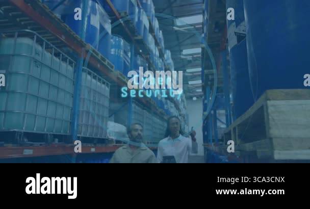 Coworkers walking industrial warehouse aisle, tapping tablet and viewing holographic security ...