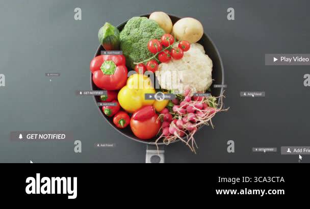 Play button fading over veg pan, tags sliding, cursor clicking ...