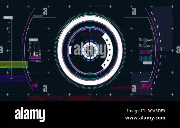 Dark grid initiating HUD rotating rings while colored bars sliding and ...