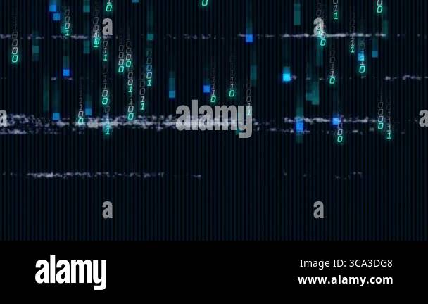 On start glowing binary code cascading, glitch bars shifting and teal ...
