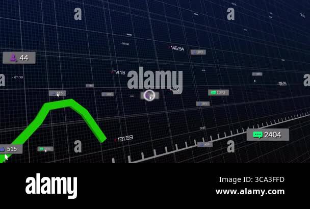 Futuristic data dashboard displaying green line chart over grid, showing floating labels with ...