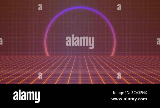 synthwave neon grid floor facing glowing semi-circular arc, colors ...