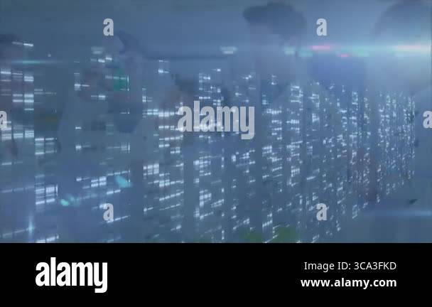 Research team analyzing futuristic biotech interface in lab, displaying holographic DNA data ...