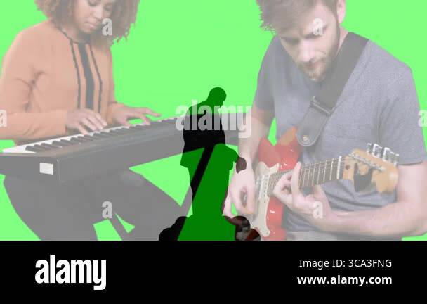 Woman keyboardist and man guitarist performing music in studio, neon ...