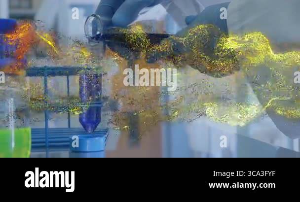 Scientist pouring liquid from vial into chromatography funnel in lab ...