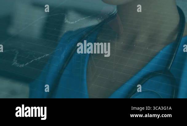 Female doctor smiling close up in clinic, showing financial charts and ...