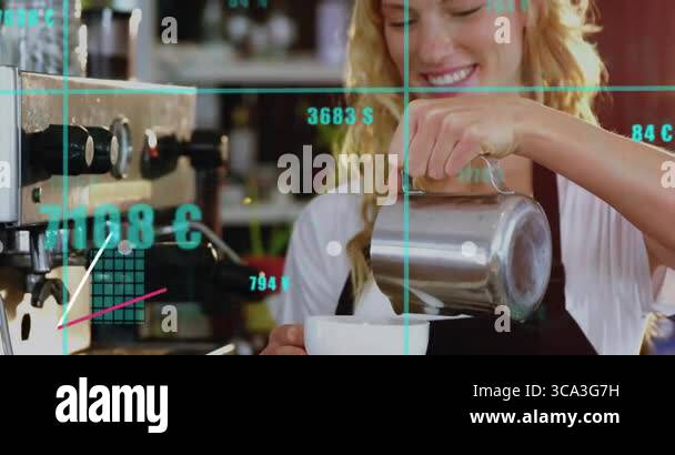 female barista pouring steamed milk at coffee counter, showing digital ...