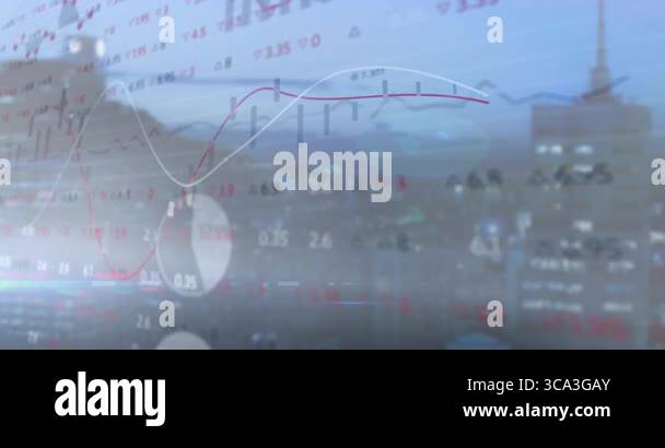 Translucent financial data charts overlaying blurred skyline, showing ...