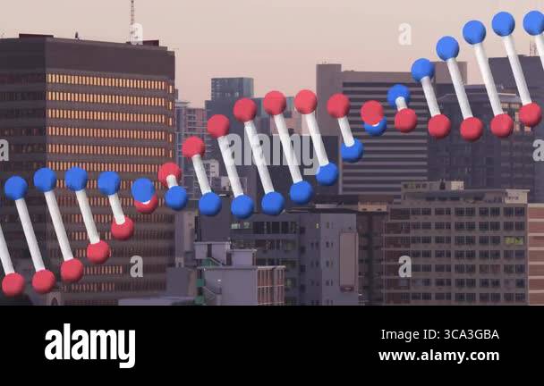 3D stylized helix floating above urban skyline at dusk, showing red ...