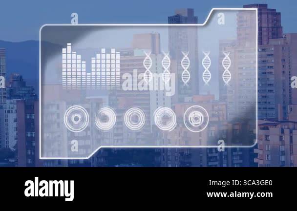 Urban skyline displaying dashboard overlay featuring equalizer bar, DNA ...