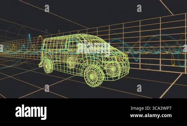Wireframe compact SUV being visualized inside neon grid chamber, with ...