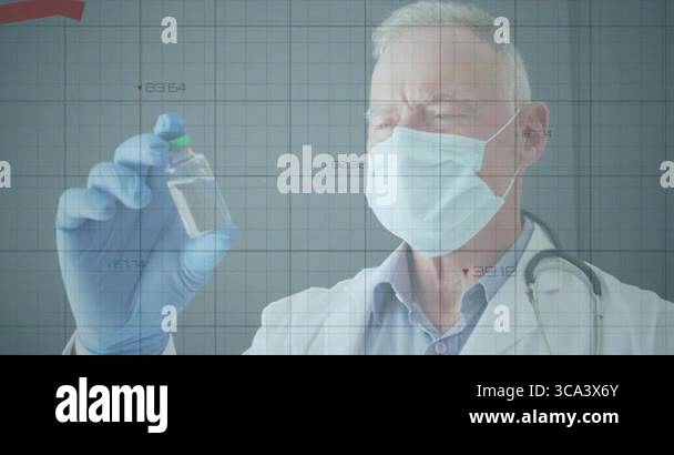 Senior male doctor examining vial in healthcare lab, with animated grid ...