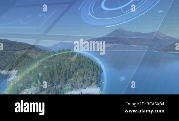 Forested peninsula jutting into mountain lake, featuring grid overlays ...