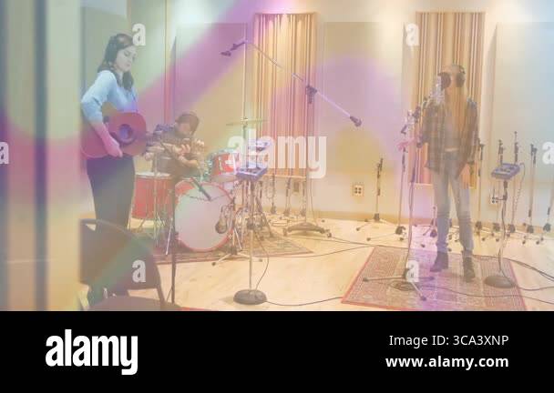 guitarist, drummer and singer playing music in studio, with animated ...