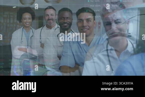 medical team standing in hospital corridor, displaying floating line ...