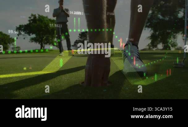 Golf instructor conducting training on green while partner watching with animated data overlays ...